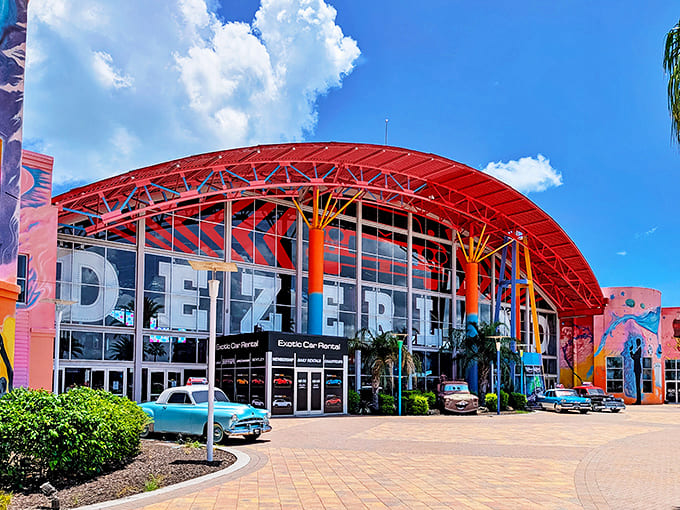 The exterior view showcases Dezerland's impressive scale – this isn't just an attraction, it's practically its own zip code of fun.