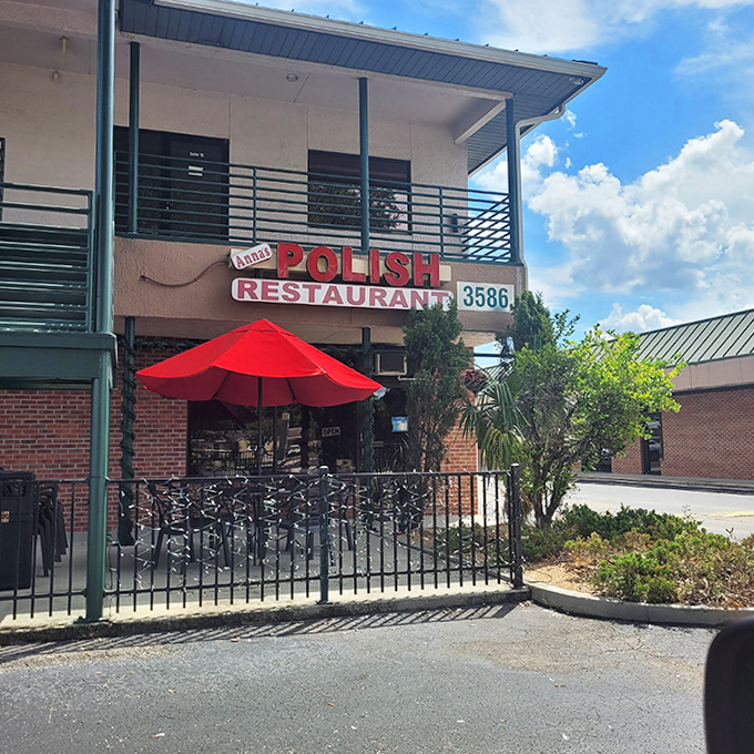 The restaurant's exterior with its inviting patio creates a welcoming first impression, promising authentic Polish flavors in the Florida sunshine.