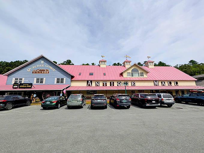 The expansive exterior hints at the treasures within, with the distinctive architecture making this antique mall a Vermont landmark.