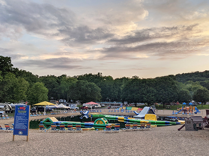 Sunset transforms the campground into a magical landscape where daytime adventures give way to evening's quieter, golden-hued pleasures.