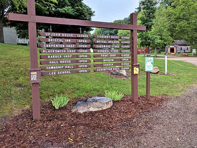 This informative signpost doesn't just direct visitors – it invites exploration of an entire community frozen in time, each building with stories to share.