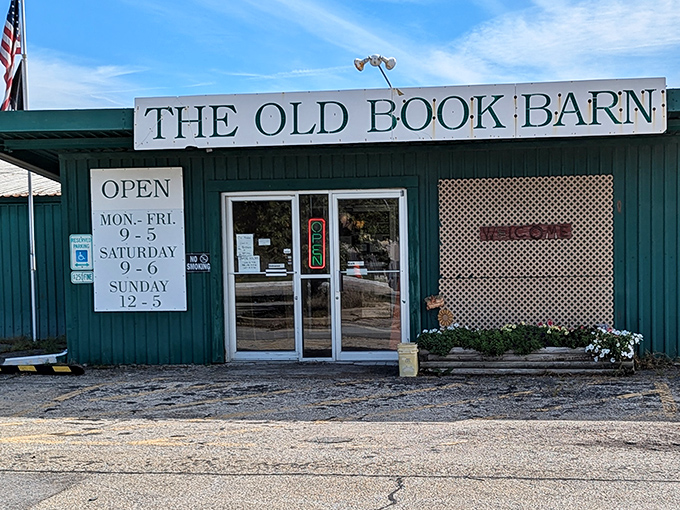The weathered sign welcomes bibliophiles seven days a week, a beacon for those seeking literary adventures in central Illinois.