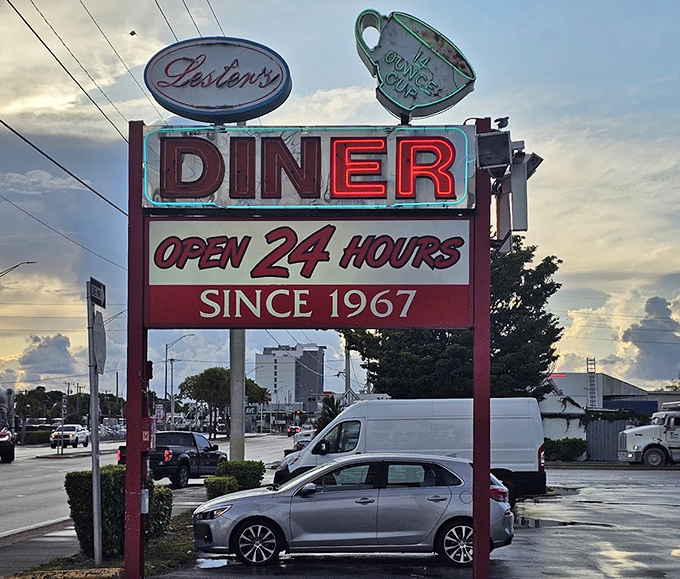The vintage neon sign proudly announces "OPEN 24 HOURS" &ndash; four words that have comforted hungry night owls and early birds since 1967.