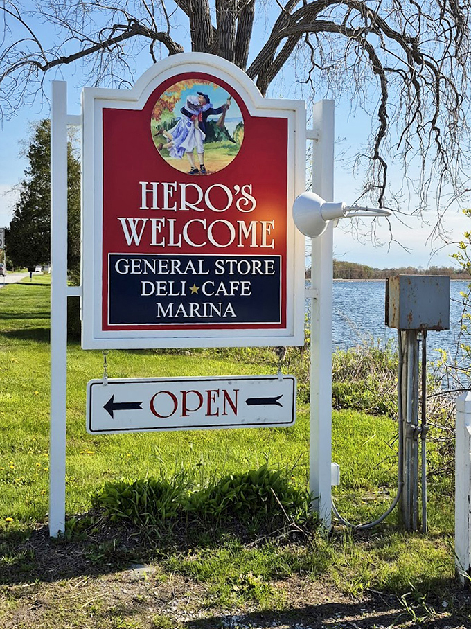 The welcoming sign promises three essential services &ndash; provisions for body, boat, and soul at this beloved Vermont institution.