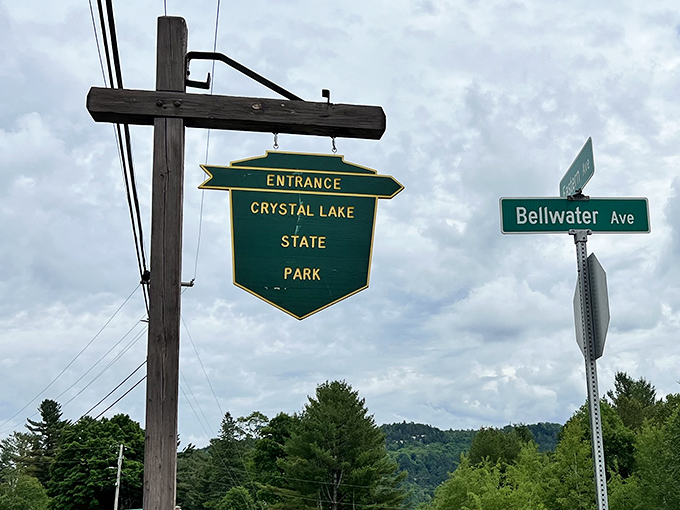 Welcome to paradise: The entrance sign to Crystal Lake State Park &ndash; gateway to Vermont's best-kept secret.
