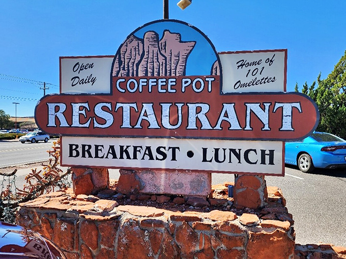 The iconic sign stands as a beacon for hungry travelers, promising "101 Omelettes" and delivering on that ambitious claim daily.