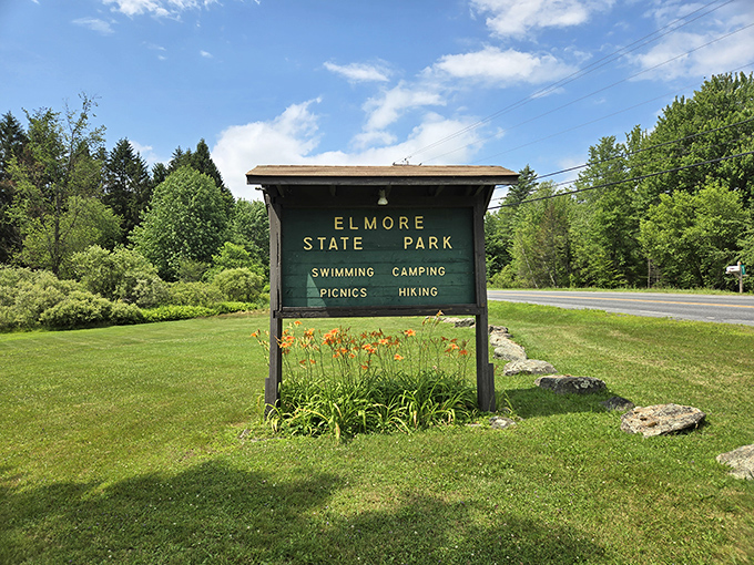 The welcoming gateway to wilderness adventures &ndash; Elmore State Park's sign promises memories waiting to be made.