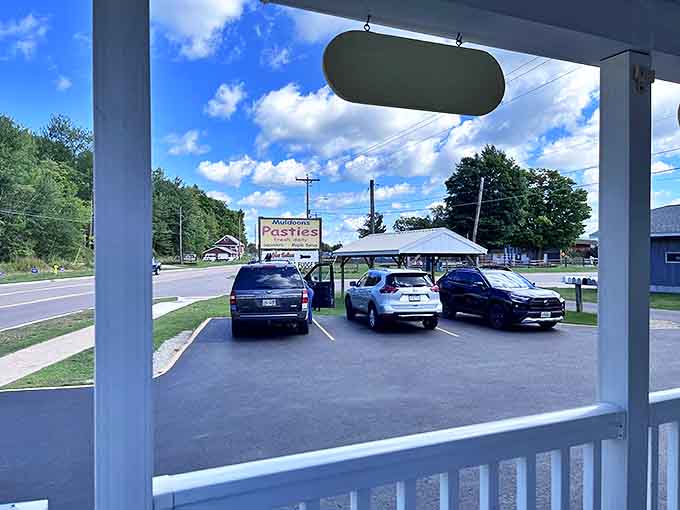 The view from the porch shows a steady stream of pasty pilgrims making their way to this beloved local institution.