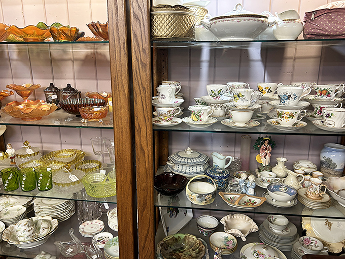 Delicate teacups and colorful glassware create a symphony of vintage elegance, each piece more charming than the last.