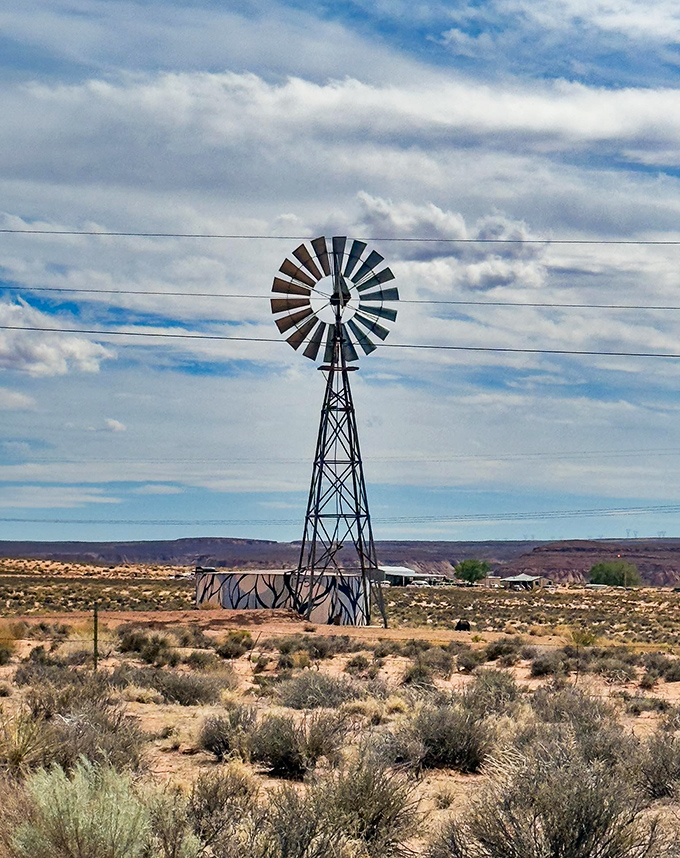A solitary windmill stands against the vast desert landscape, a reminder of human ingenuity in the face of nature's beautiful harshness.