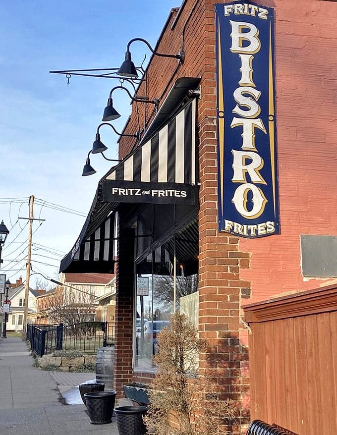 The bold blue "BISTRO" sign announces this culinary gem to Galena's Main Street, a beacon for those seeking authentic European flavors.