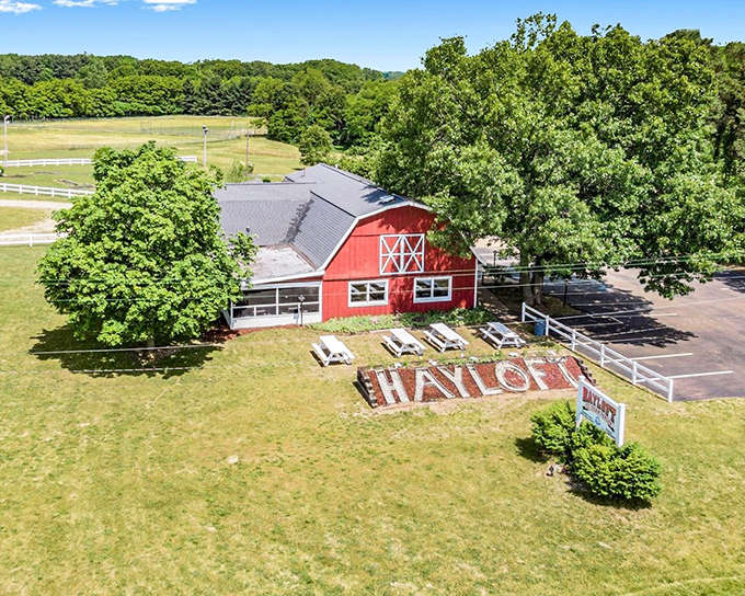 A bird's eye view reveals the Hayloft's perfect setting &ndash; a classic red barn surrounded by Michigan countryside, beckoning ice cream pilgrims from miles around.