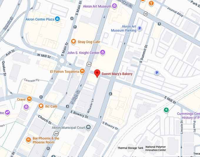 16. sweet mary's bakery (e mill st, akron, oh) map