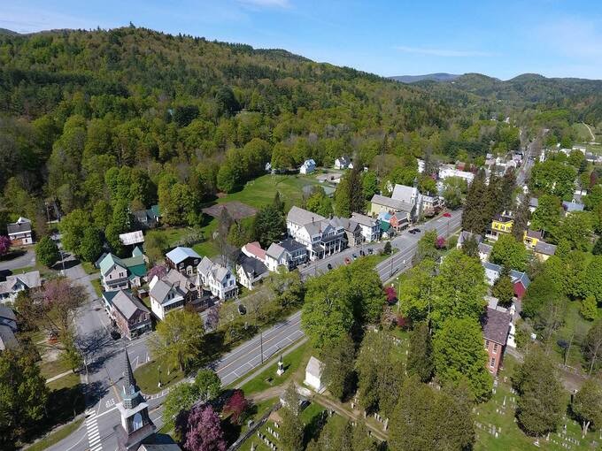 A bird's-eye view of Chester, where rolling Vermont hills cradle a village that time politely decided to leave alone.