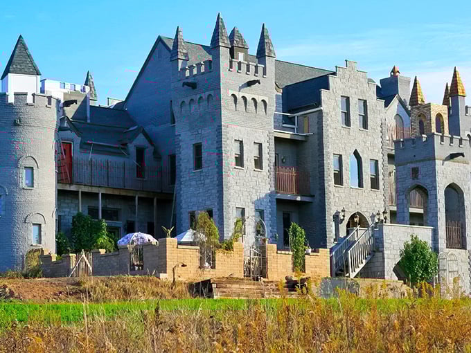 Castle Park's imposing gray stone facade rises from the Illinois landscape, complete with multiple turrets and medieval-inspired architecture that would make any knight feel right at home.