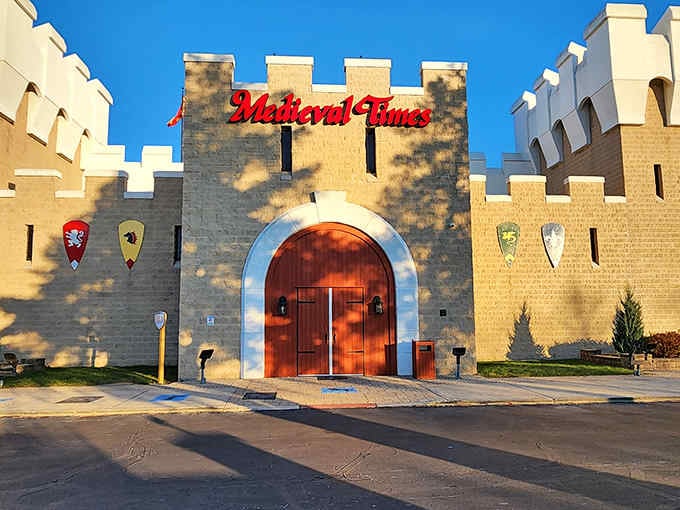 The grand castle entrance of Medieval Times stands ready to transport diners to a bygone era of knights, royalty, and epic feasts.