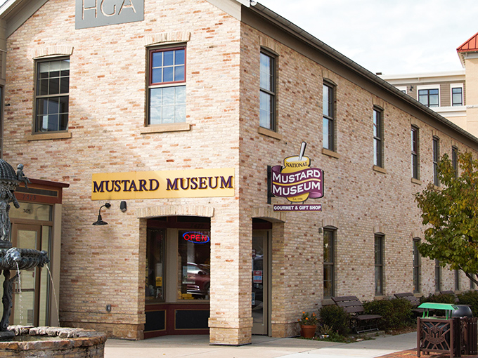 The National Mustard Museum's brick exterior proudly announces its yellow obsession to Middleton visitors. That "Open" sign might as well say "Come get condiment-educated!"