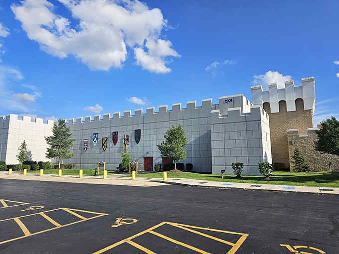 The impressive stone fortress of Medieval Times dominates the landscape, promising an evening of jousting, swordplay, and eating with your hands!