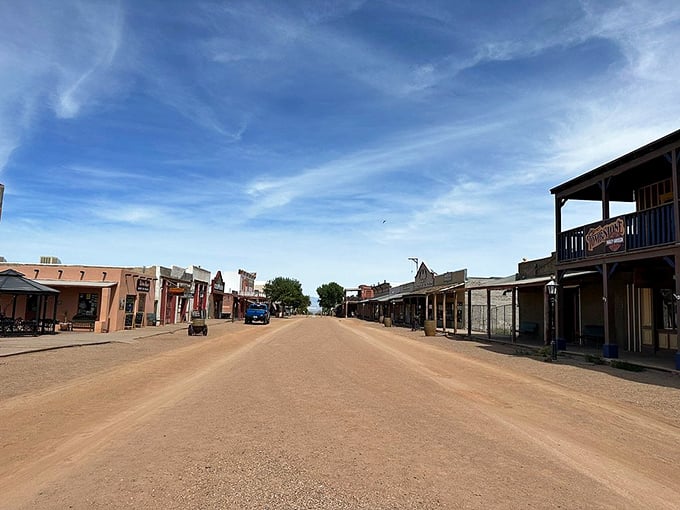 Allen Street stretches into the distance, its wooden boardwalks and historic buildings creating a perfect Wild West tableau.