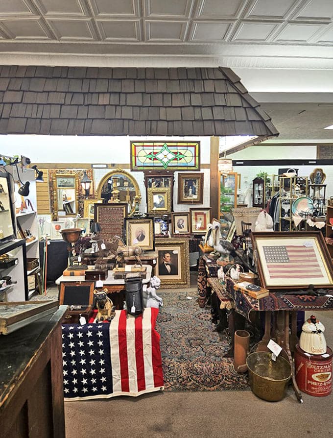 This American-themed booth captures patriotic nostalgia with vintage flags, Lincoln portraits, and historical ephemera – proving yesterday's decorations tell tomorrow's history lessons.