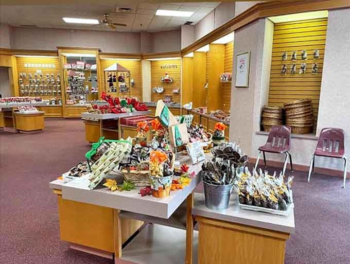 Warm wooden displays and glass cases create a nostalgic wonderland where every turn reveals new temptations waiting to be discovered.