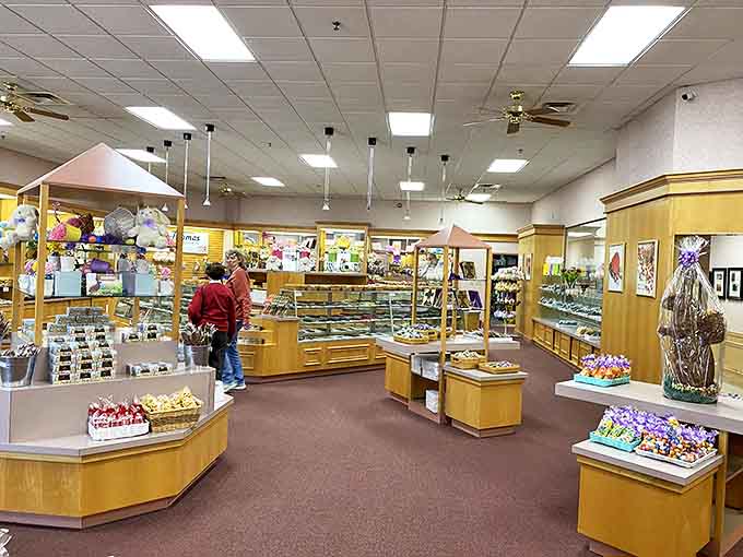 Step inside and behold the promised land &ndash; wooden display cases stretching into the distance, each filled with chocolate treasures awaiting discovery.