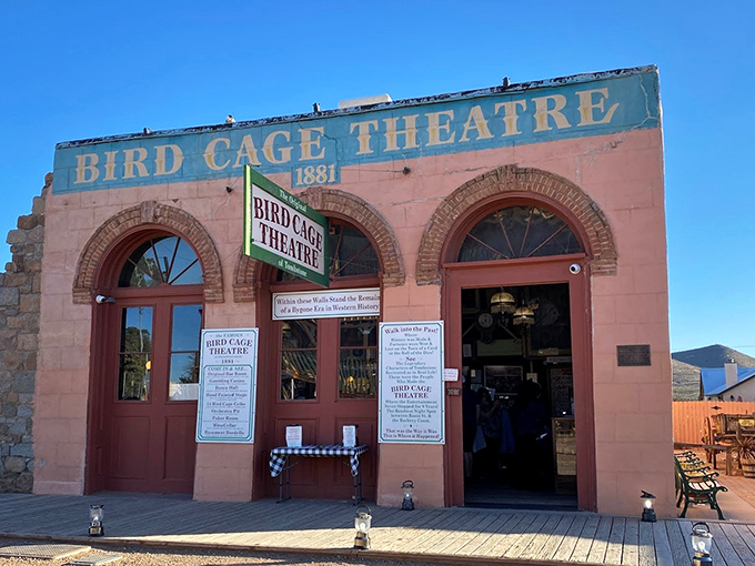 The Bird Cage Theatre, established in 1881, once dubbed "the wickedest nightspot between Basin Street and the Barbary Coast," still bears authentic bullet holes in its walls.