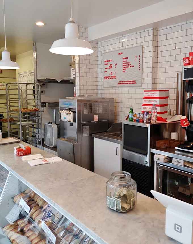 Clean lines, white subway tiles, and pendant lights create the perfect stage for pastry magic to happen.