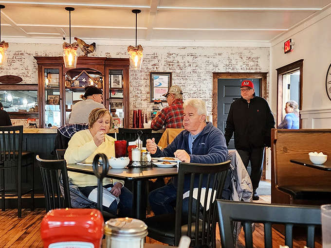 Inside Buck's, diners enjoy hearty meals amid exposed brick walls and warm lighting &ndash; where conversations flow as freely as the coffee.
