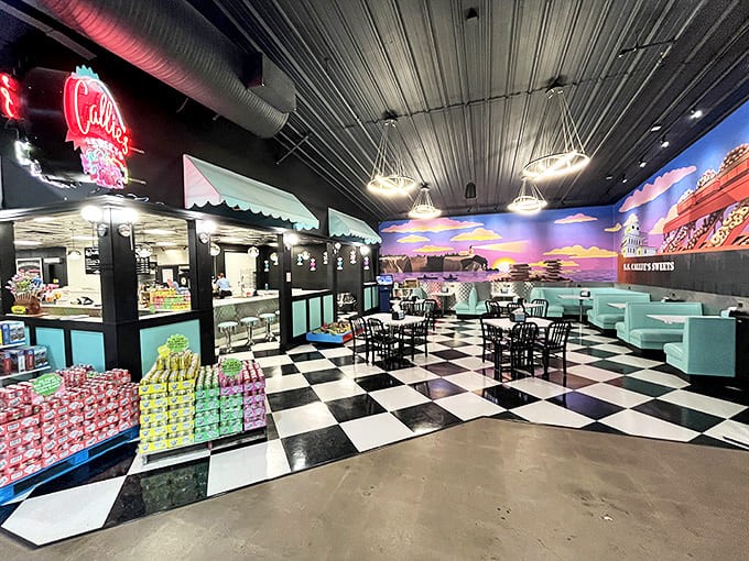 Step into a 1950s dream with this retro diner interior, where turquoise booths and checkered floors transport you to simpler times.