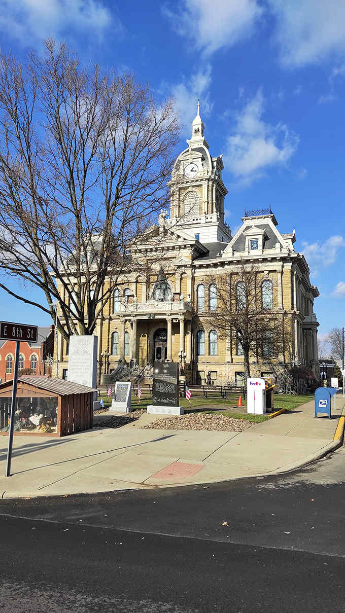 The Guernsey County Courthouse stands as a magnificent Second Empire masterpiece, its clock tower watching over downtown like a Victorian sentinel.