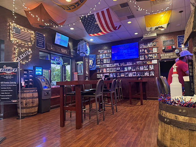 String lights, American flags, and walls of memories create the perfect backdrop for barbecue bliss at Carmie's cozy dining room.