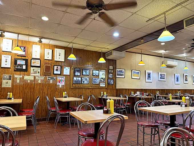 Wood-paneled walls and red vinyl chairs create the perfect backdrop for serious sandwich consumption &ndash; no Instagram filters needed here.