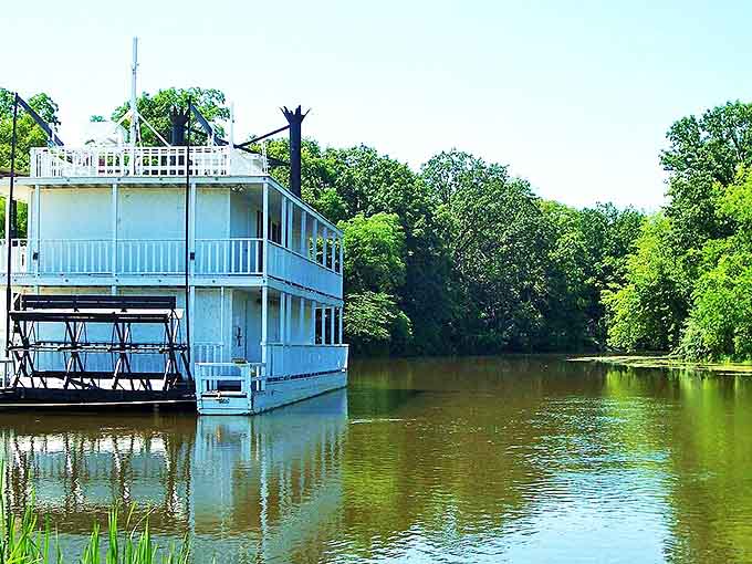 The historic Showboat sits pretty on the Shiawassee River, a floating reminder of when entertainment meant gathering together instead of staring at screens alone.