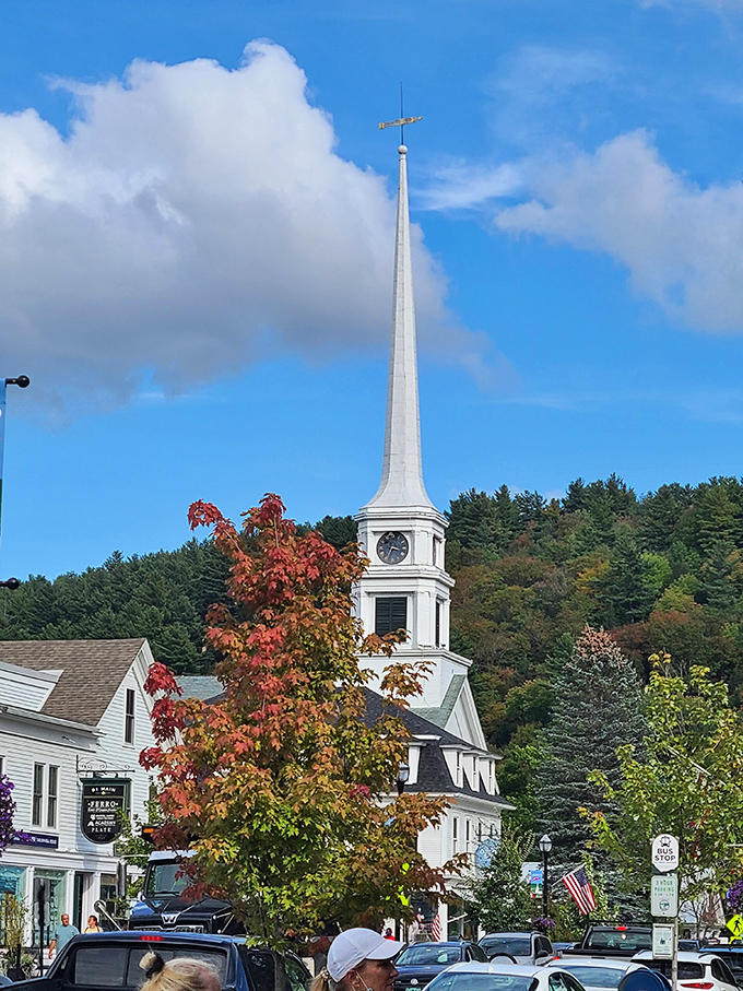 The iconic white steeple of Stowe Community Church reaches skyward, standing sentinel over the village since 1863.