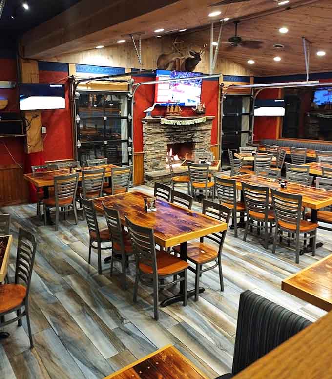 Inside, wooden tables and a stone fireplace create the perfect backdrop for serious walleye consumption and relaxation.