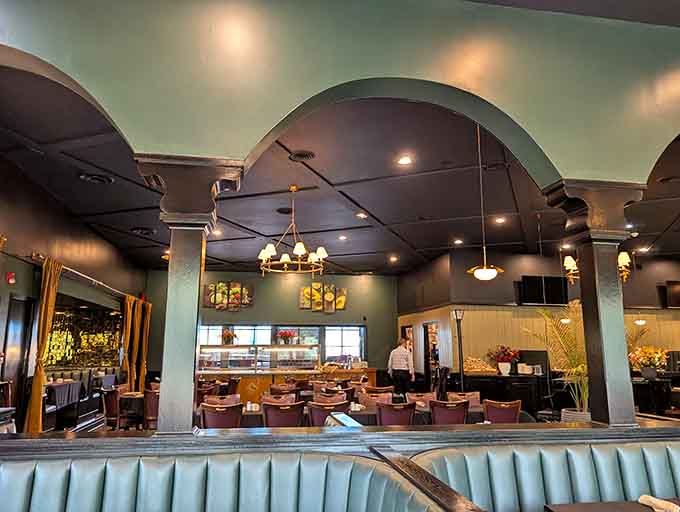 Inside, chandeliers and comfortable seating create an atmosphere that's fancy enough to feel special but relaxed enough to actually enjoy.