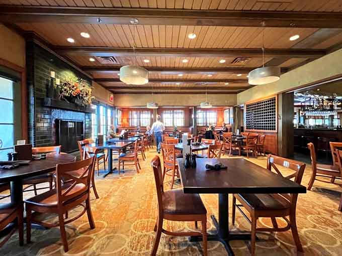 Warm wood tones and thoughtful lighting create an atmosphere where everyone looks good and feels even better about their dinner choices.