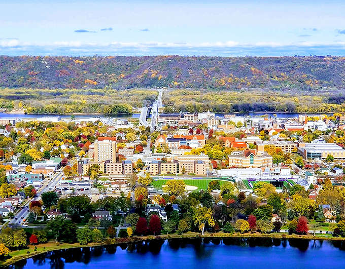 A bird's-eye view of Winona nestled between dramatic bluffs and the mighty Mississippi &ndash; Mother Nature showing off her landscaping skills.