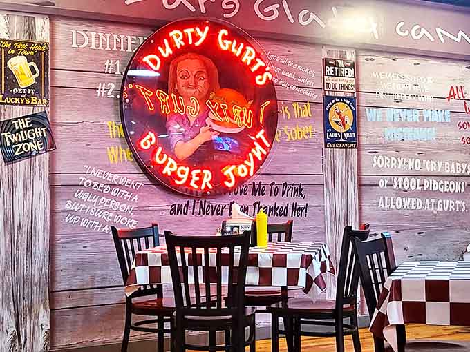 The checkered tables and vintage murals create an atmosphere that's part diner, part time machine, all delicious.