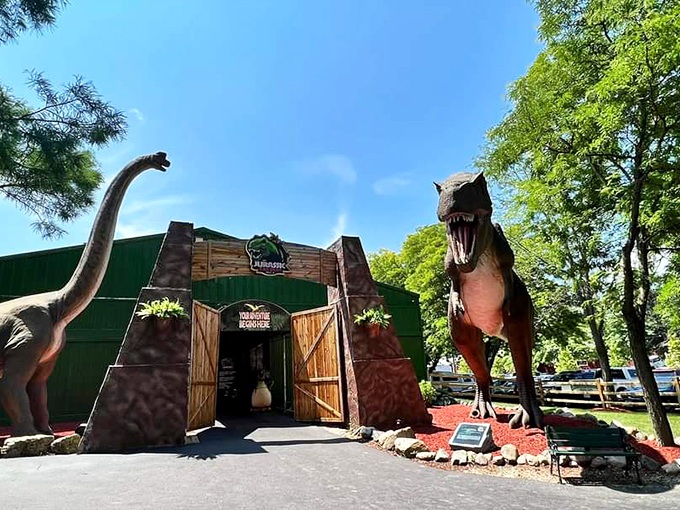 Step through these massive wooden gates and leave the modern world behind &ndash; just watch out for that T-rex's suspicious side-eye.