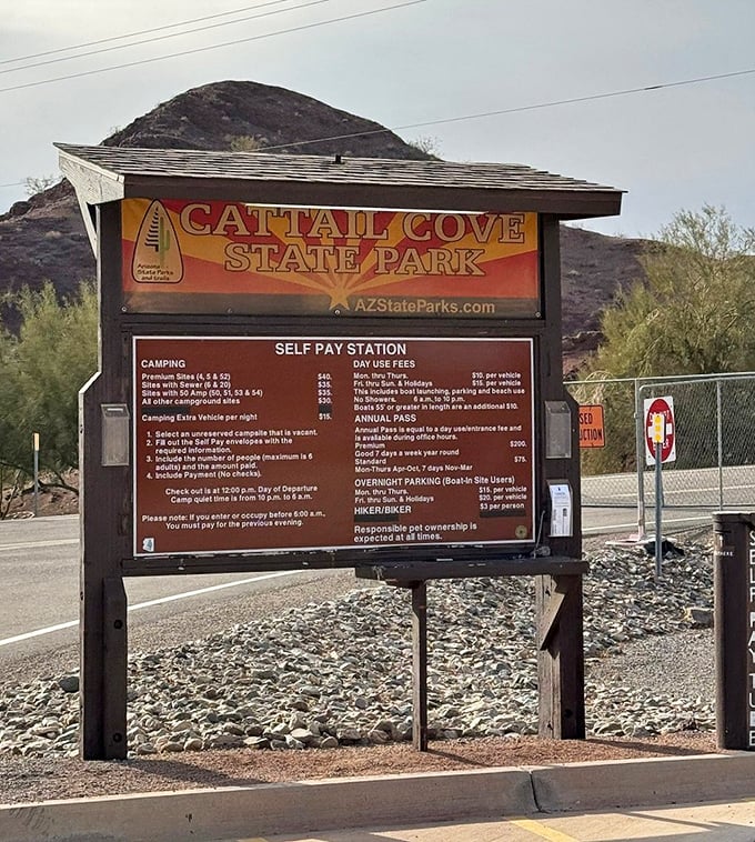 The welcoming sign to paradise &ndash; Cattail Cove State Park's entrance promises adventures both wet and wild.