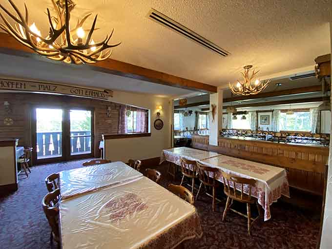 Step inside and find yourself transported to a cozy Bavarian lodge, complete with antler chandeliers and traditional touches everywhere.