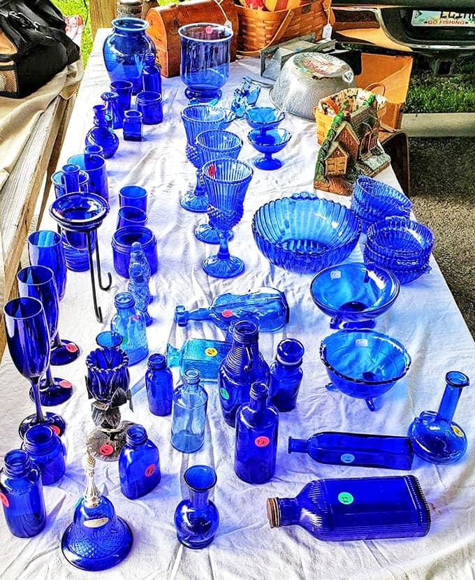 Cobalt blue glassware creates a sapphire sea of collectibles &ndash; each piece telling its own story while catching Florida's sunshine in brilliant azure hues.