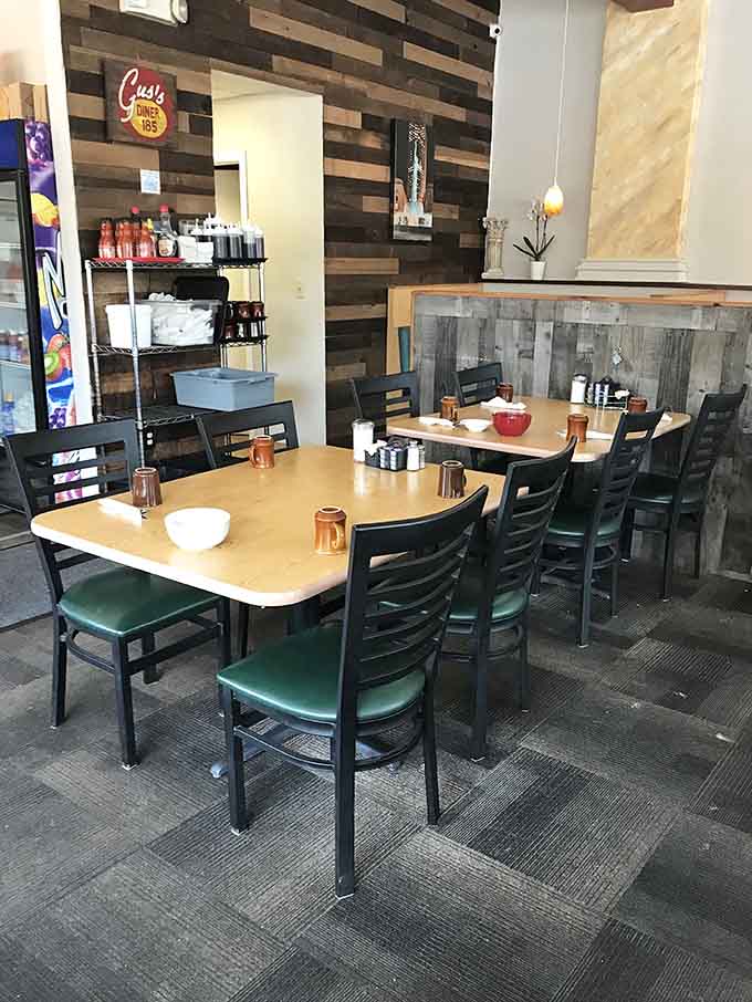 Wood-paneled walls and simple tables create the perfect backdrop for serious breakfast business without any unnecessary fuss.