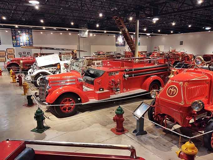 Row after row of gleaming fire apparatus stretches before you like a parade frozen in time, each vehicle telling its own heroic story.