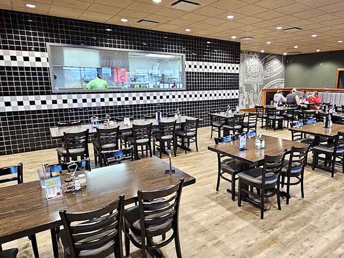 Clean, modern interior with classic pizzeria touches makes everyone feel right at home.