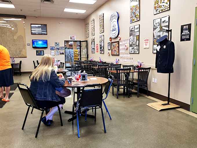 Inside Jay's Precinct, the dining area serves as both a sugar crime scene and community gathering spot for locals and travelers alike.