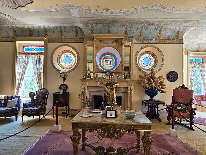 The parlor's ornate ceiling, circular stained glass windows, and gilded furniture create the perfect setting for pretending you've inherited a fortune from a mysterious relative.