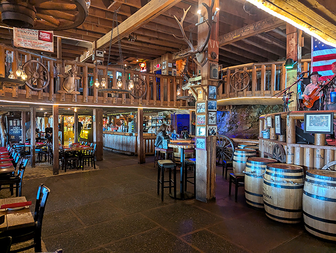 Step inside to a Western wonderland where wagon wheels, wooden beams, and rustic charm transport you to frontier days &ndash; with better food.